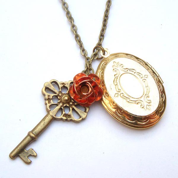 Antiqued Brass Flower Key Locket Necklace on Luulla