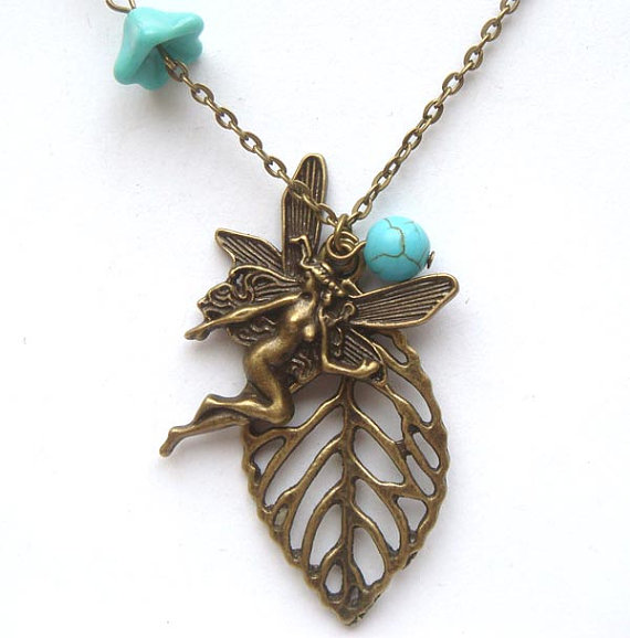 Antiqued Brass Leaf Angel Turquoise Czech Glass Flower Necklace on Luulla