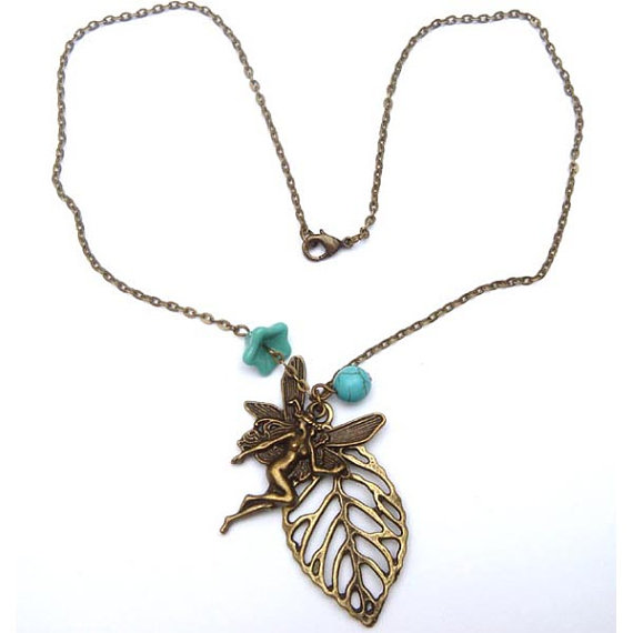 Antiqued Brass Leaf Angel Turquoise Czech Glass Flower Necklace on Luulla